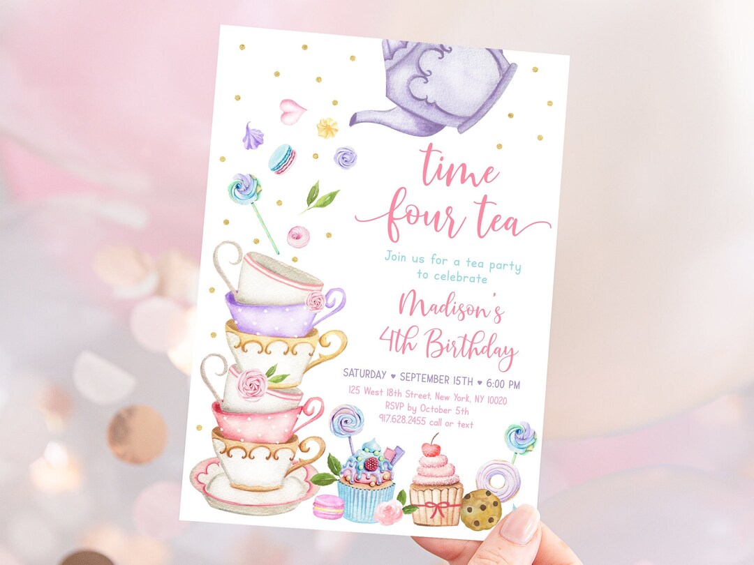 Editable Tea Party 4th Birthday Invite Time FOUR Tea Birthday - Etsy