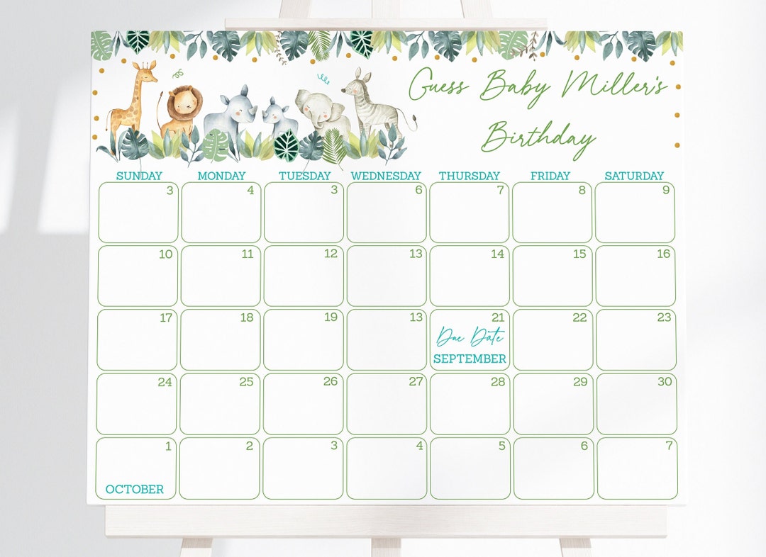 Editable Safari Jungle Baby Due Date Calendar Game Safari Baby - Etsy