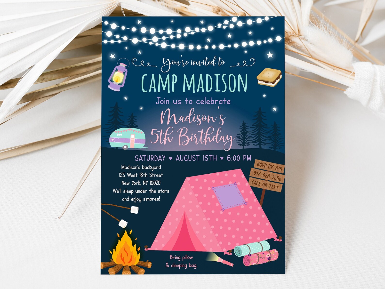 Editable Girl Camping Birthday Invitation Camping Sleepover Party ...