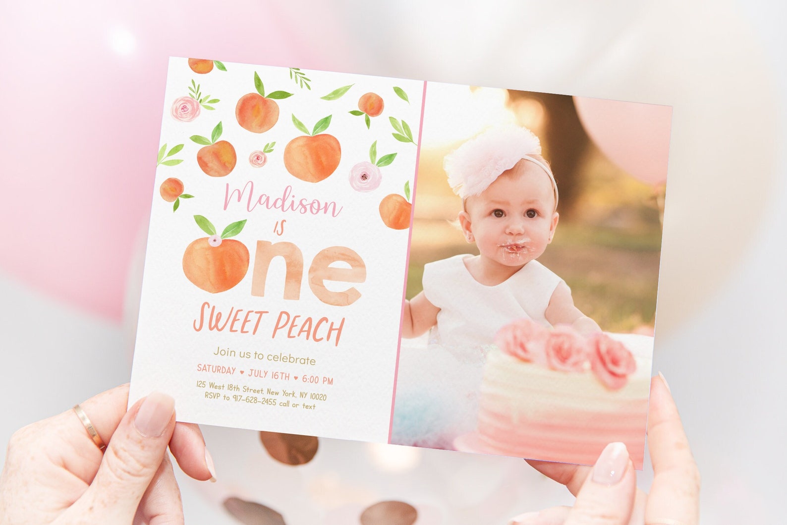 Editable Peach Birthday Invitation One Sweet Peach First | Etsy