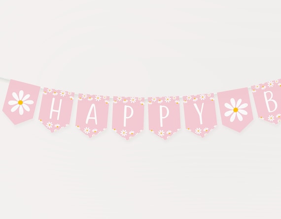 Editable Daisy Birthday Banner Retro Daisy Birthday Party Pink Daisy ...