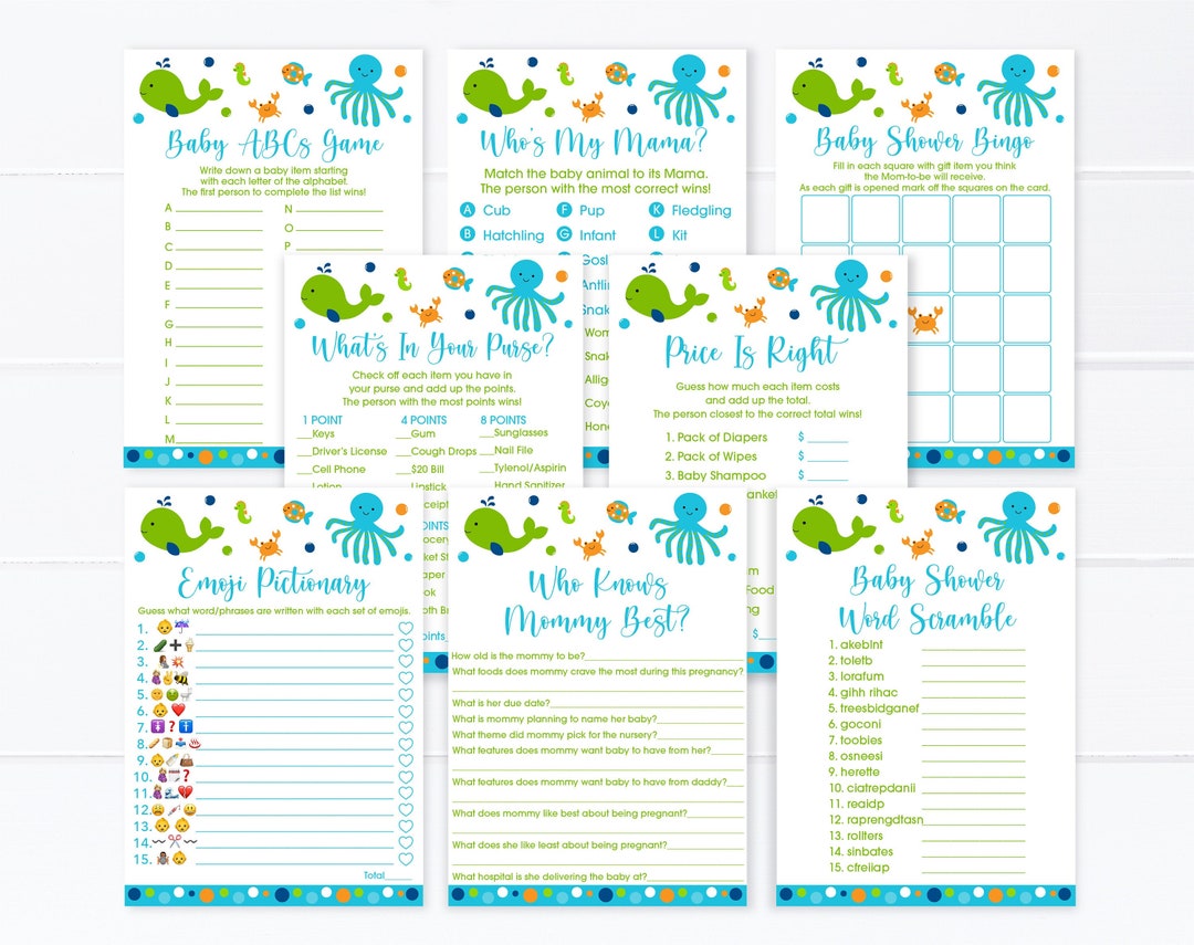 Blue Under the Sea Baby Shower Games Package Nautical Whale Sea ...