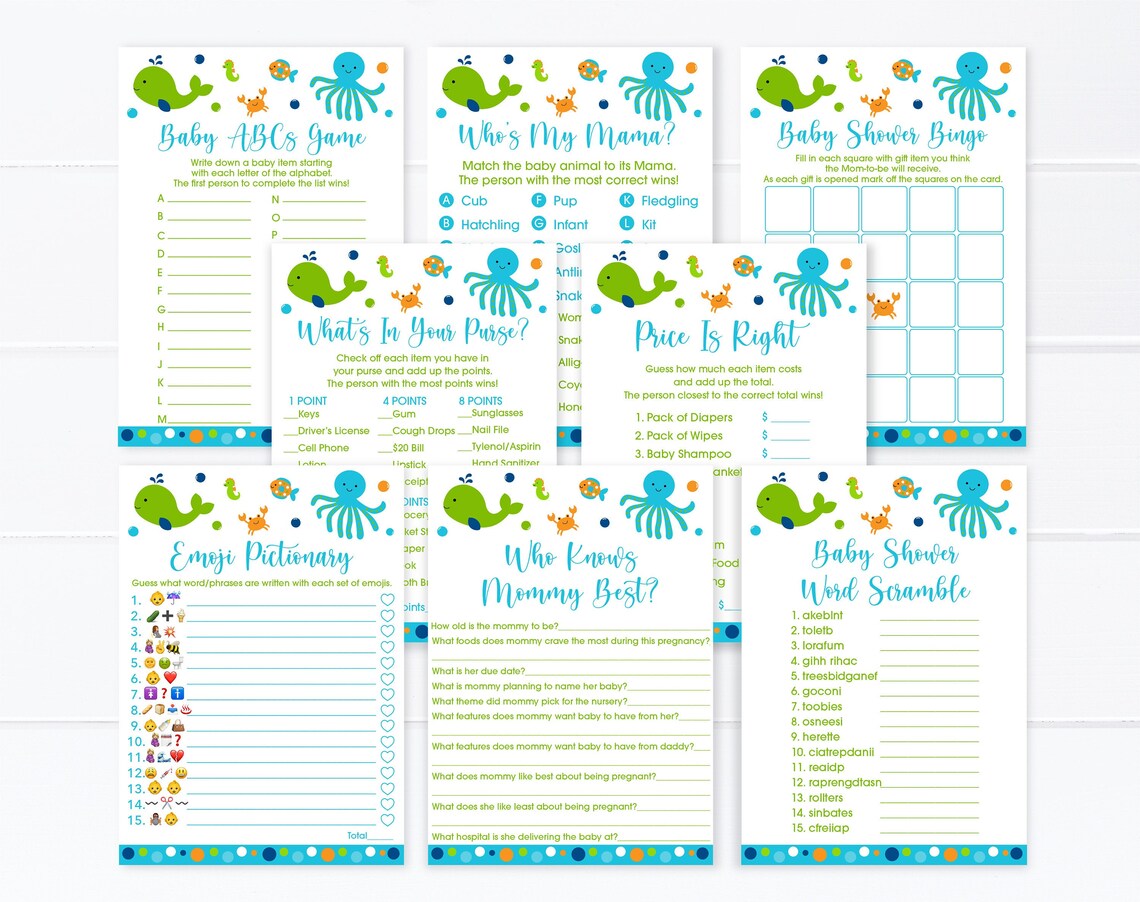 Blue Under the Sea Baby Shower Games Package Nautical Whale - Etsy