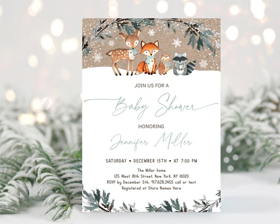 Editable Winter Woodland Baby Shower Invitation Greenery Woodland ...