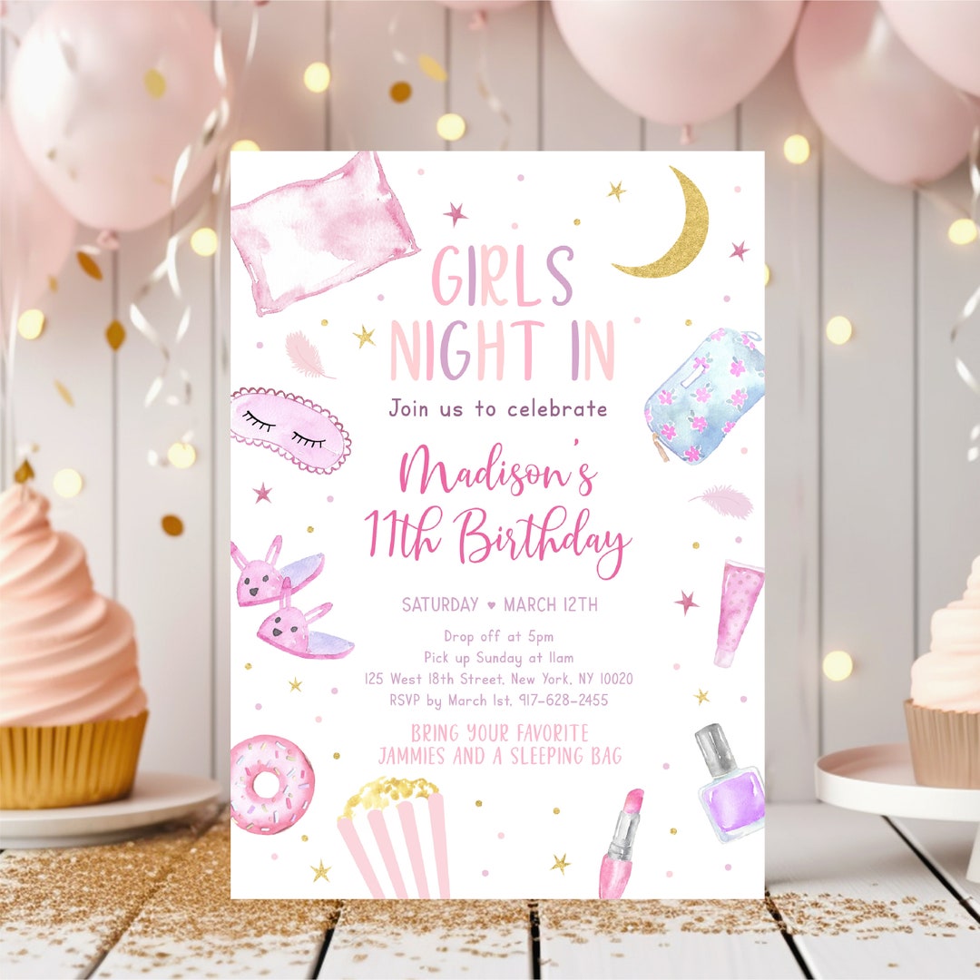 Editable Girls Night in Slumber Party Birthday Invitation Sleepover ...