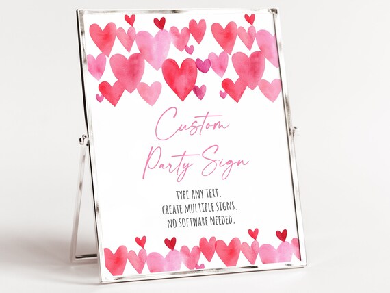 Editable Sweetheart Birthday Sign Party Sign Pink Red Watercolor Hearts ...