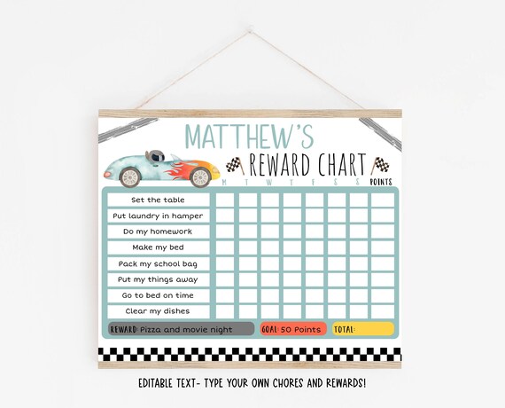 Editable Race Car Reward Chart Race Car Boy Chore Chart Responsibility ...