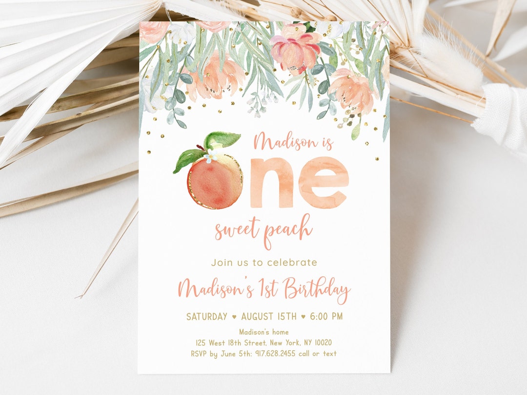 Editable Peach Birthday Invitation One Sweet Peach First Birthday ...