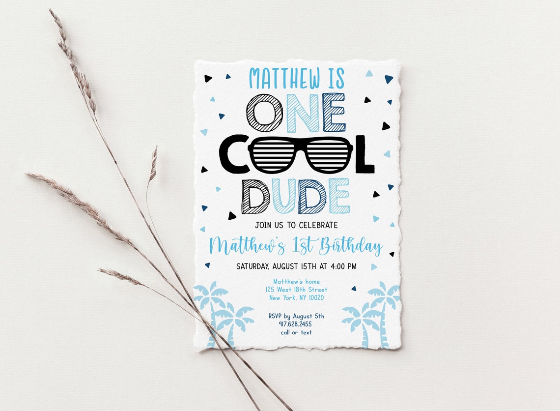 EDITABLE Two Cool Birthday Invitation Two Cool Party Sunglasses Palm ...