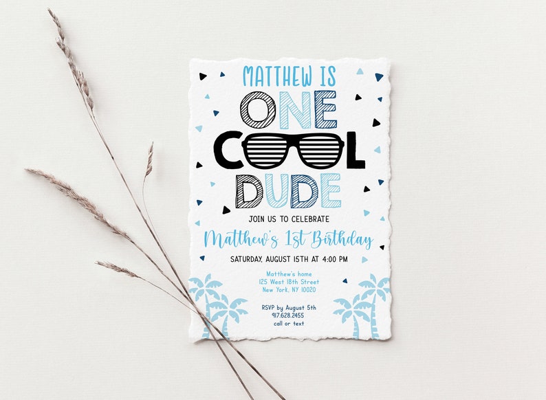 EDITABLE Two Cool Birthday Invitation Two Cool Party Sunglasses Palm ...
