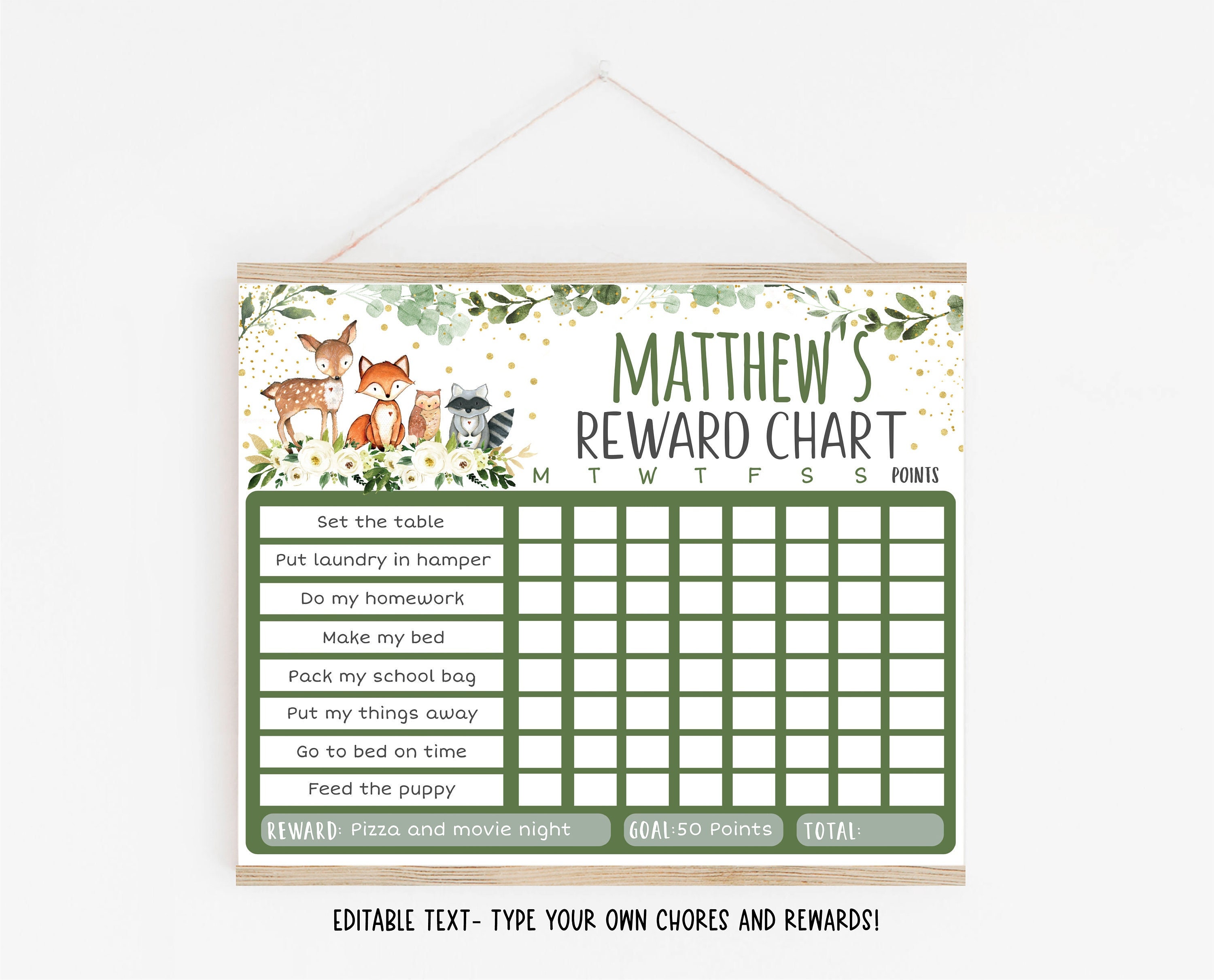 EDITABLE Woodland Reward Chart Woodland Behavior Chart - Etsy