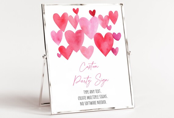 Editable Sweetheart Birthday Sign Party Sign Pink Red Watercolor Hearts ...