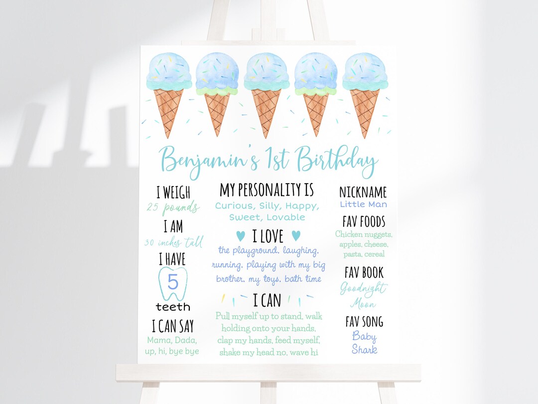 Editable Ice Cream Birthday Milestone Sign, Blue Boy First Birthday ...