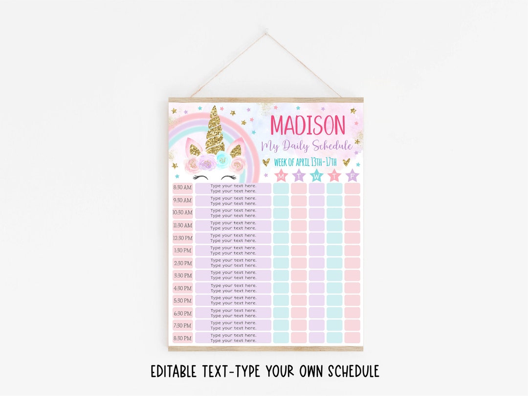 EDITABLE Home School Schedule Unicorn Girl Daily Schedule Chore Chart ...