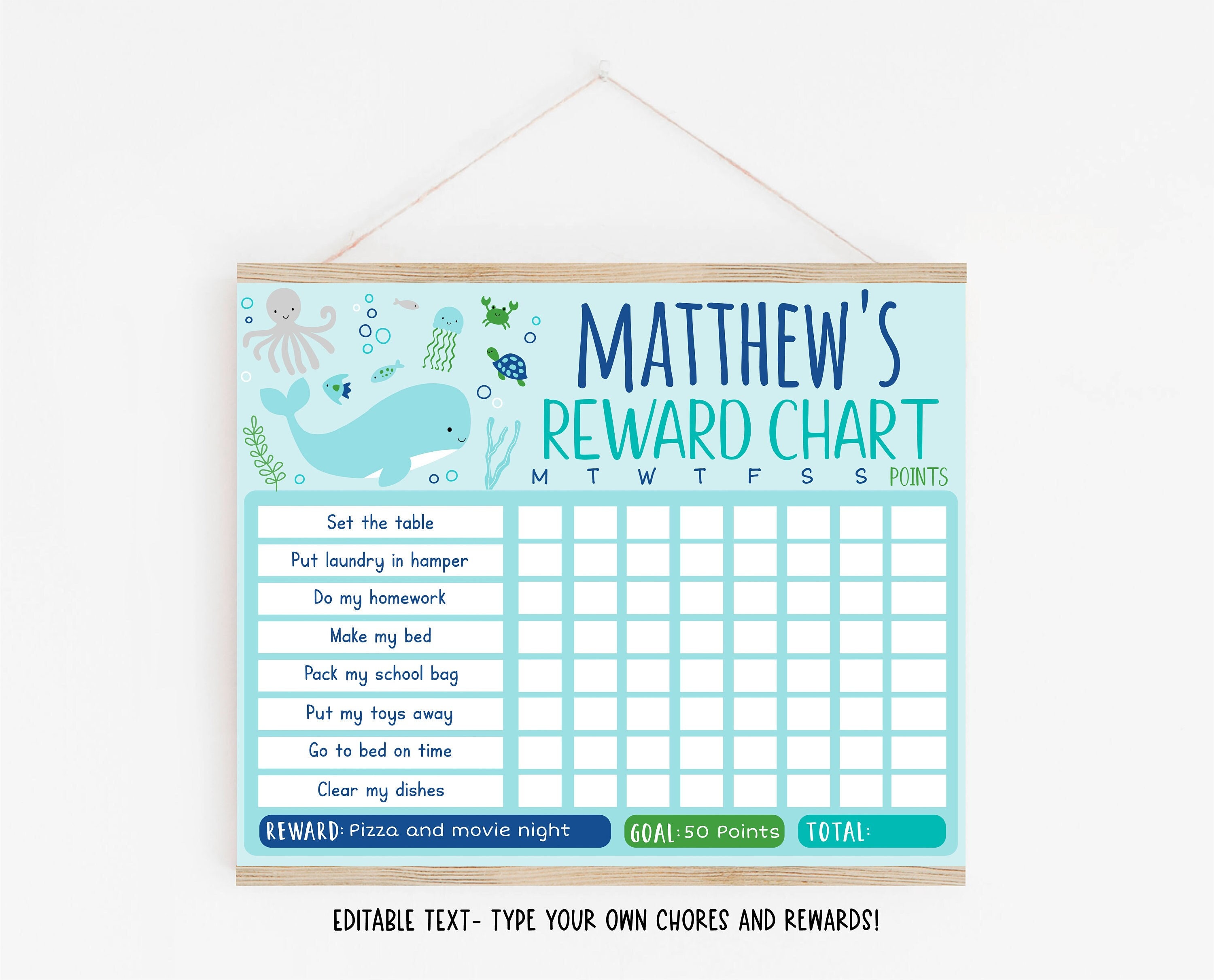 EDITABLE Whale Reward Chart, Behavior Chart, Nautical Sea Creature ...