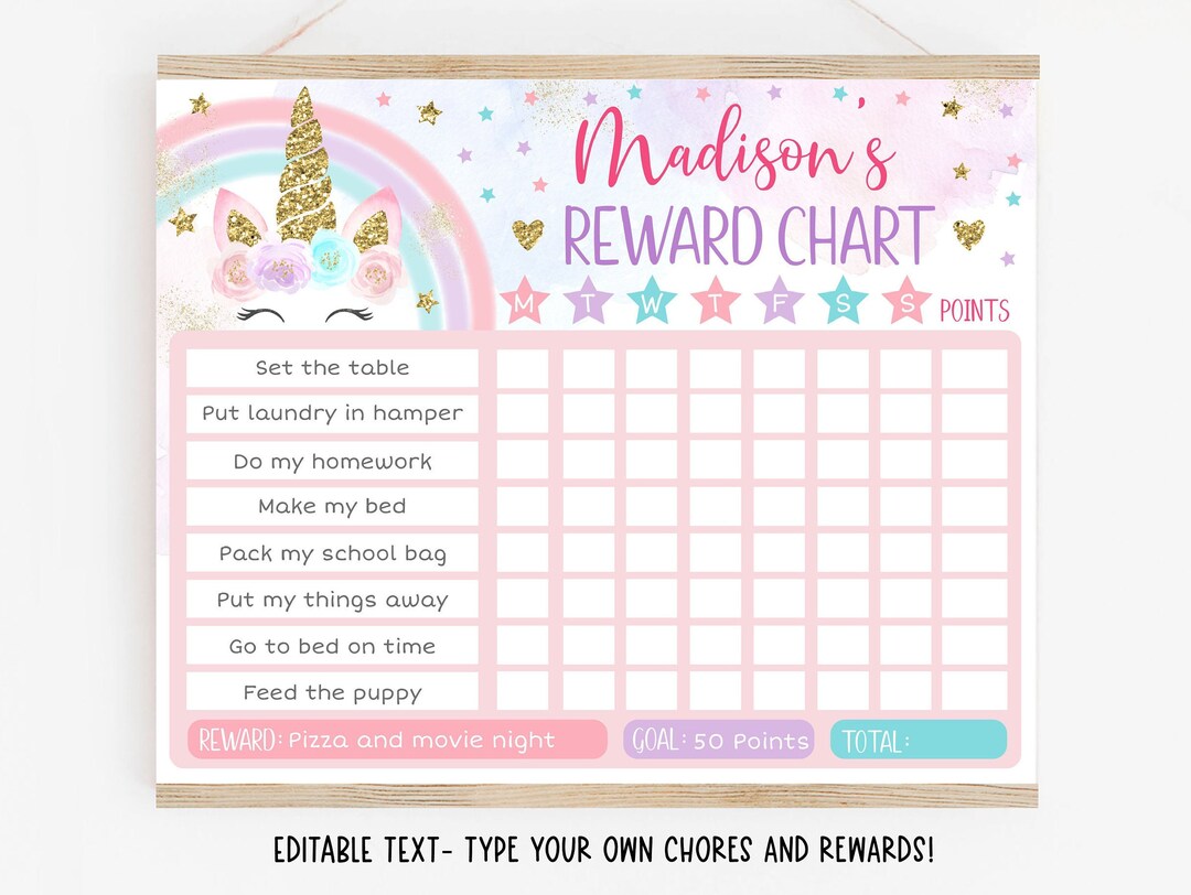 Unicorn Reward Chart, Unicorn Behavior Chart, Pink & Gold Rainbow ...
