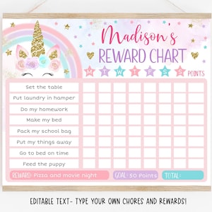 Unicorn Reward Chart, Unicorn Behavior Chart, Pink & Gold Rainbow ...