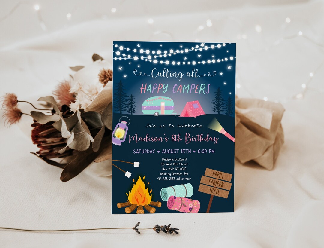 Editable Girl Camping Invitation Camping Sleepover Party - Etsy