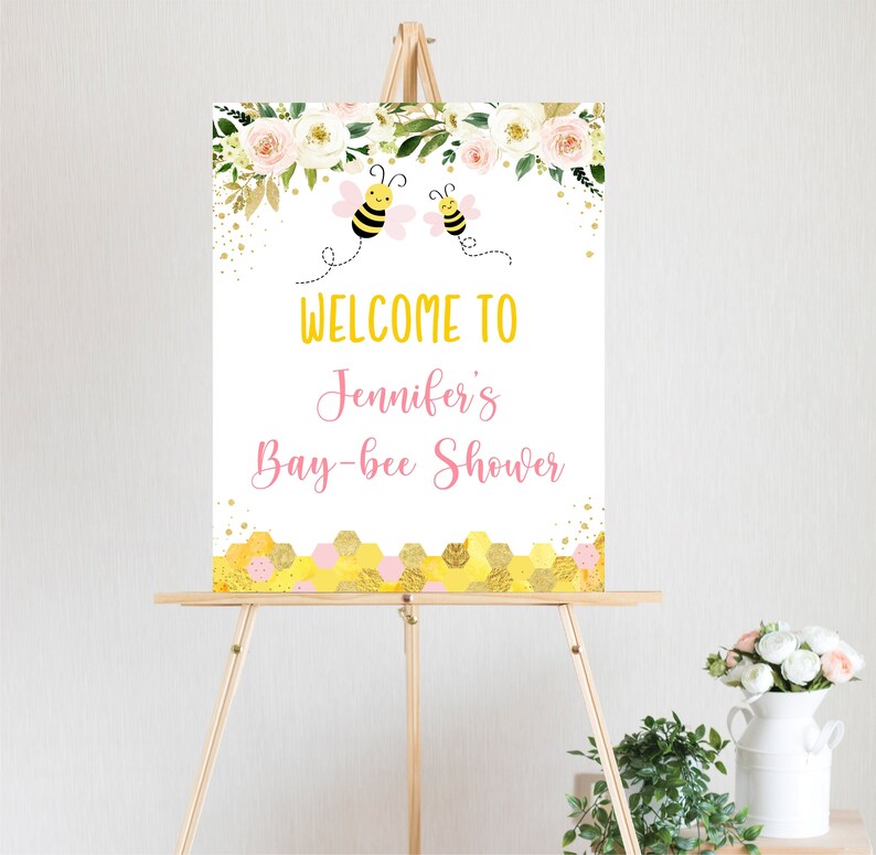 Editable Bee Baby Shower Welcome Sign Bay-bee Shower Pink Gold | Etsy