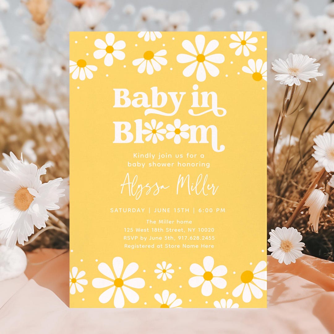 Daisy Baby in Bloom Invitation, Yellow Daisy Baby Shower, Boho Daisy ...