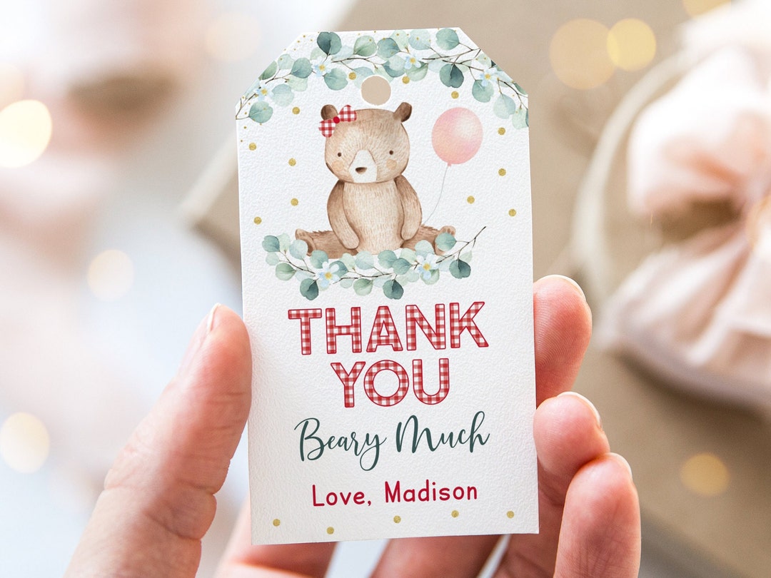 Editable Teddy Bear Thank You Tag Favor Tag Red Gold Girl Teddy Bear ...