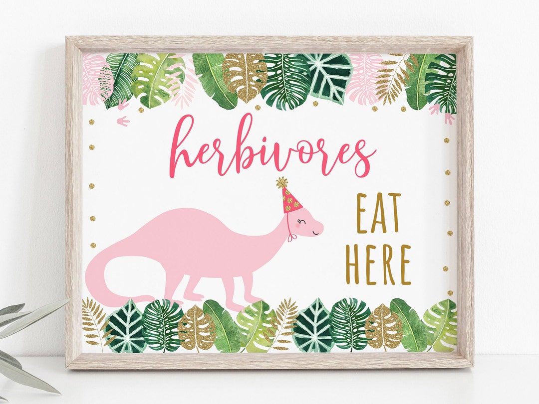 Herbivores Dinosaur Birthday Sign, Dinosaur Birthday, Pink & Gold ...