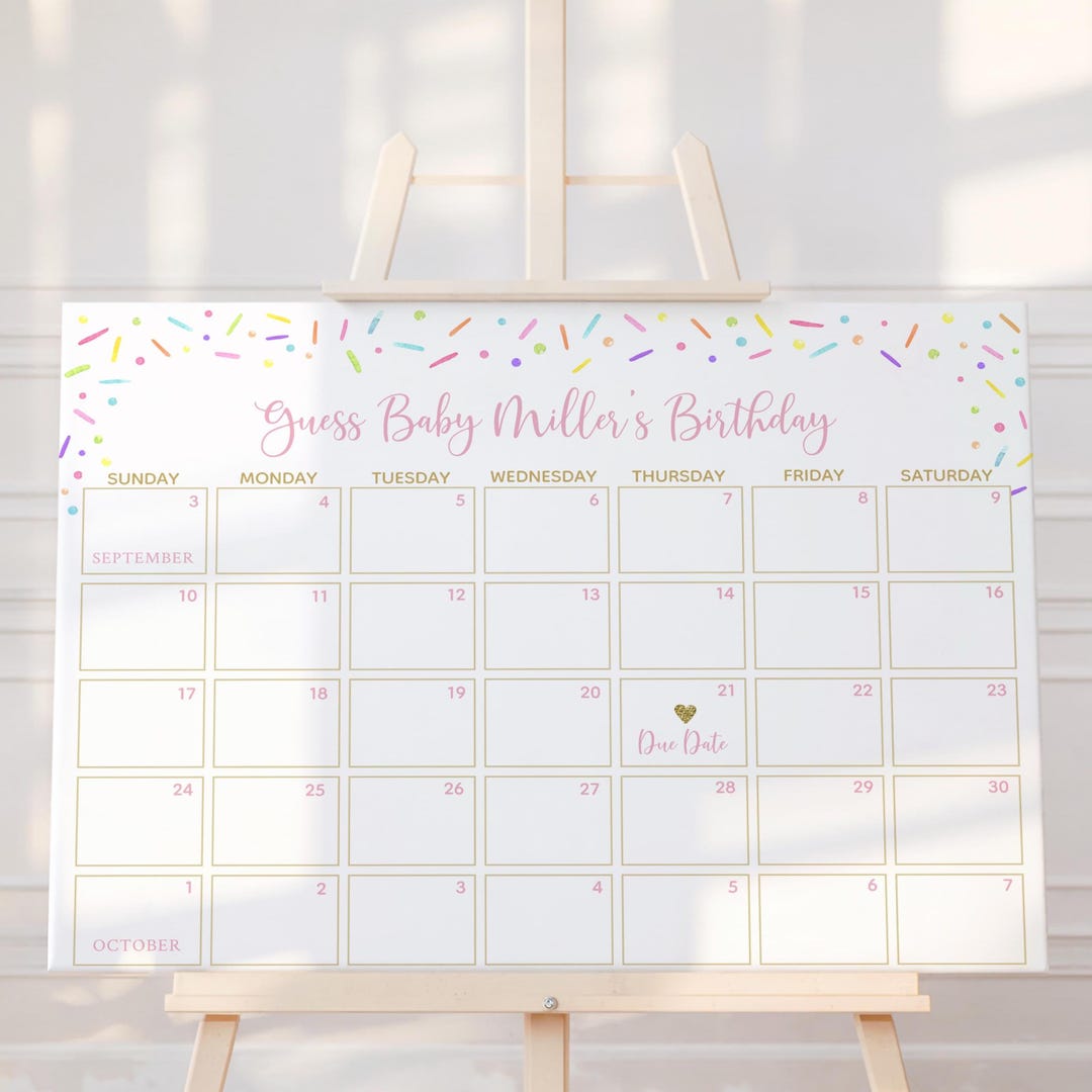 Editable Pink Baby Sprinkle Birthday Predictions Calendar, Guess the ...
