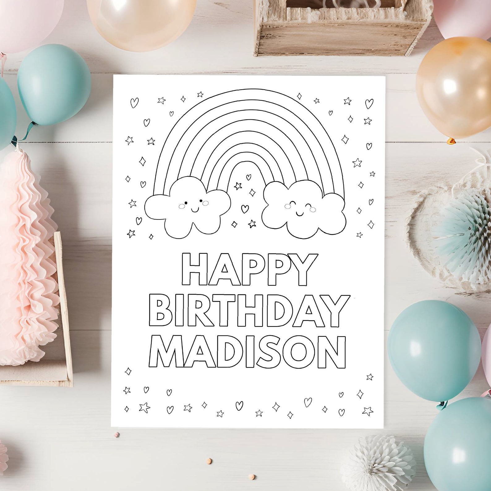 Editable Rainbow Birthday Coloring Page Girls Rainbow Party Rainbow and ...