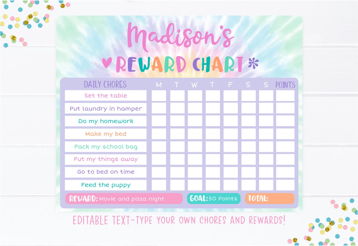 Editable Tie Dye Reward Chart Tie Dye Behavior Chart Pastel | Etsy