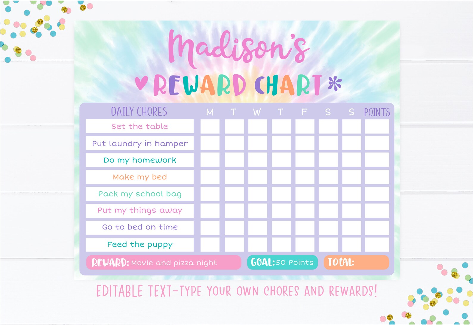 Editable Tie Dye Reward Chart Tie Dye Behavior Chart Pastel | Etsy