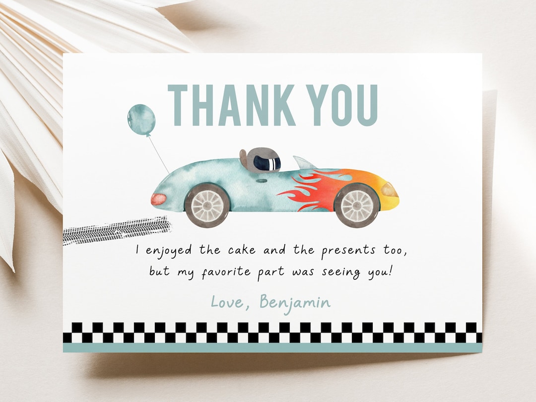 Editable Race Car Birthday Thank You Card Two Fast Birthday Racing ...