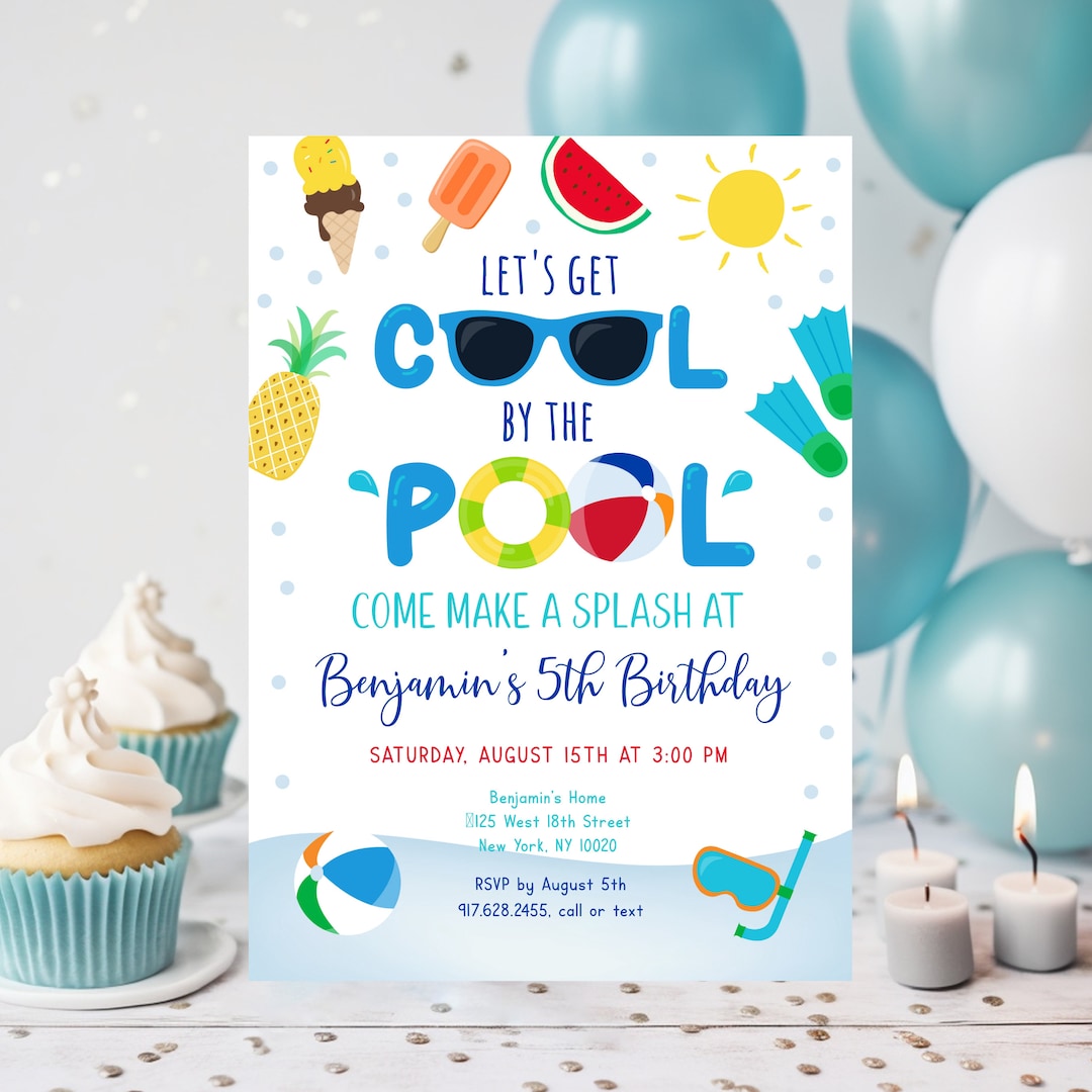Editable Pool Party Birthday Invitation Let's Get Cool Boys Pool Party ...