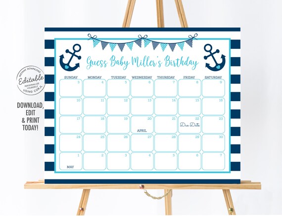 EDITABLE Nautical Baby Due Date Calendar Game Guess Baby's Birthday ...