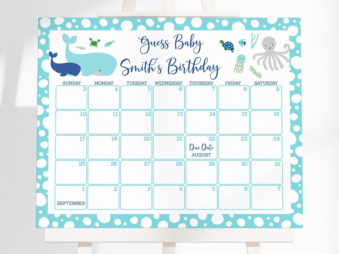 Editable Under the Sea Baby Baby Due Date Calendar Game Blue Under the ...