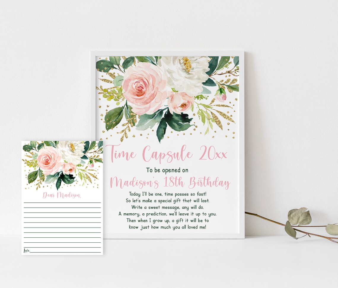 EDITABLE Pink Floral Birthday Time Capsule Pink Gold Floral - Etsy