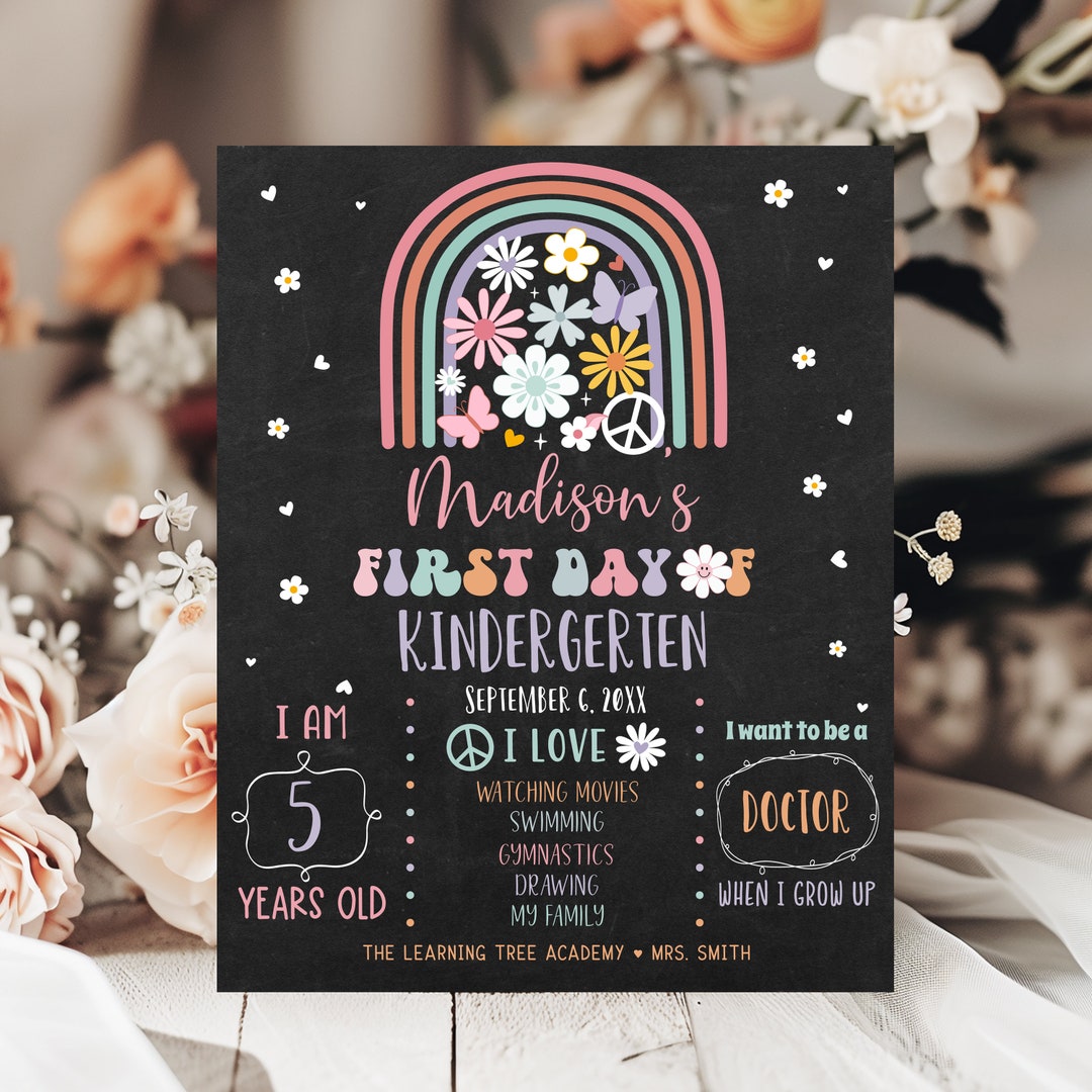 Editable Groovy Hippie Day of Kindergarten Sign, First Day of School ...