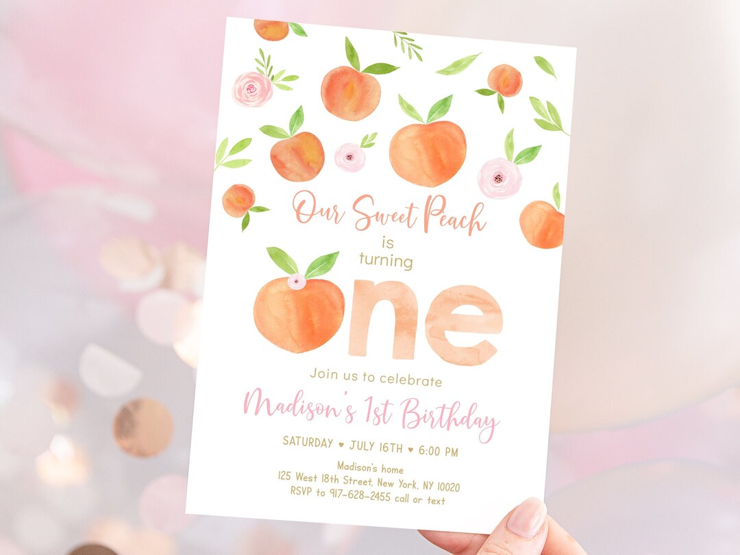 Editable Sweet Peach Birthday Invitation Peach First Birthday Invite ...