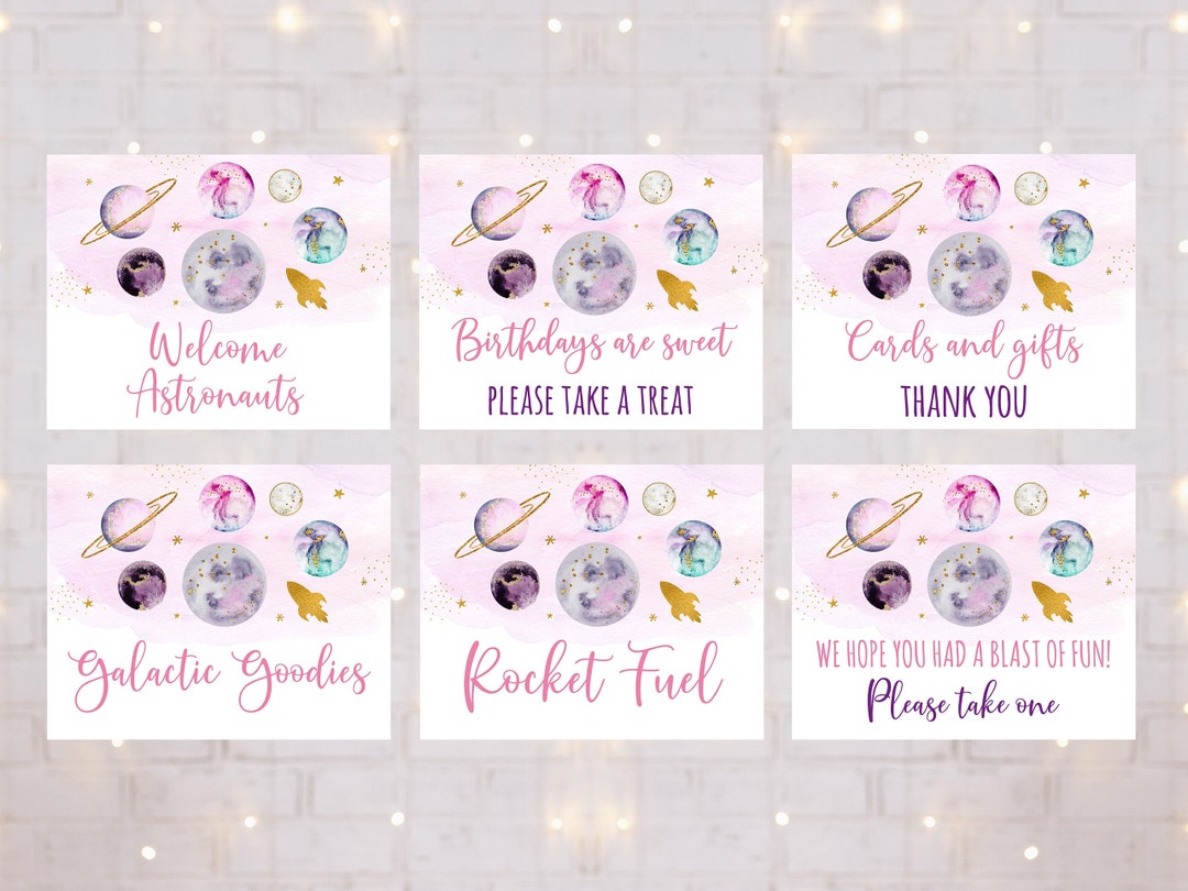 Editable Pink Space Birthday Signs Table Signs Set of 6 Pink Gold Girl ...