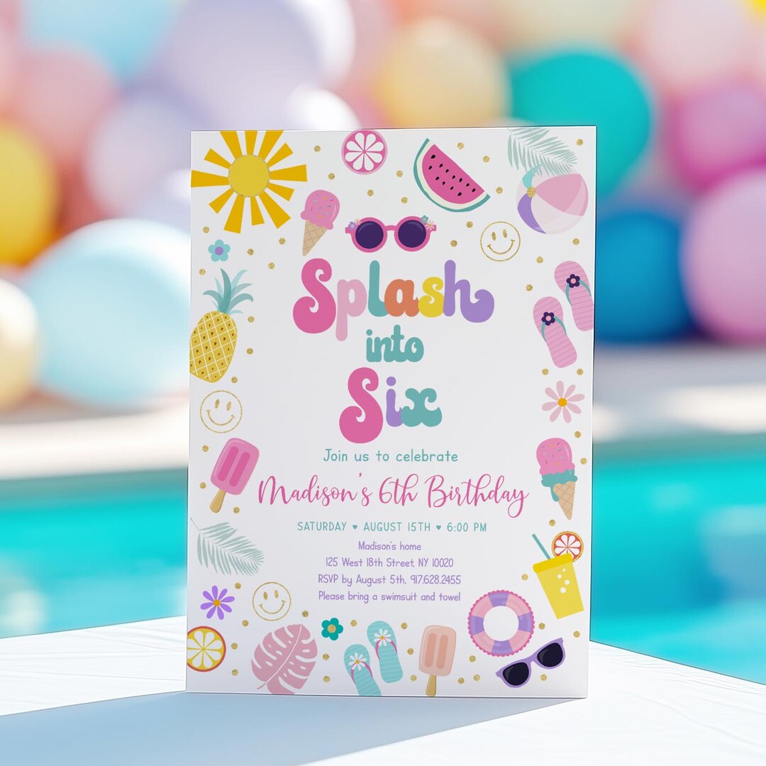 Editable Splash Into Six Pool Party Birthday Invitation, 6th Birthday ...