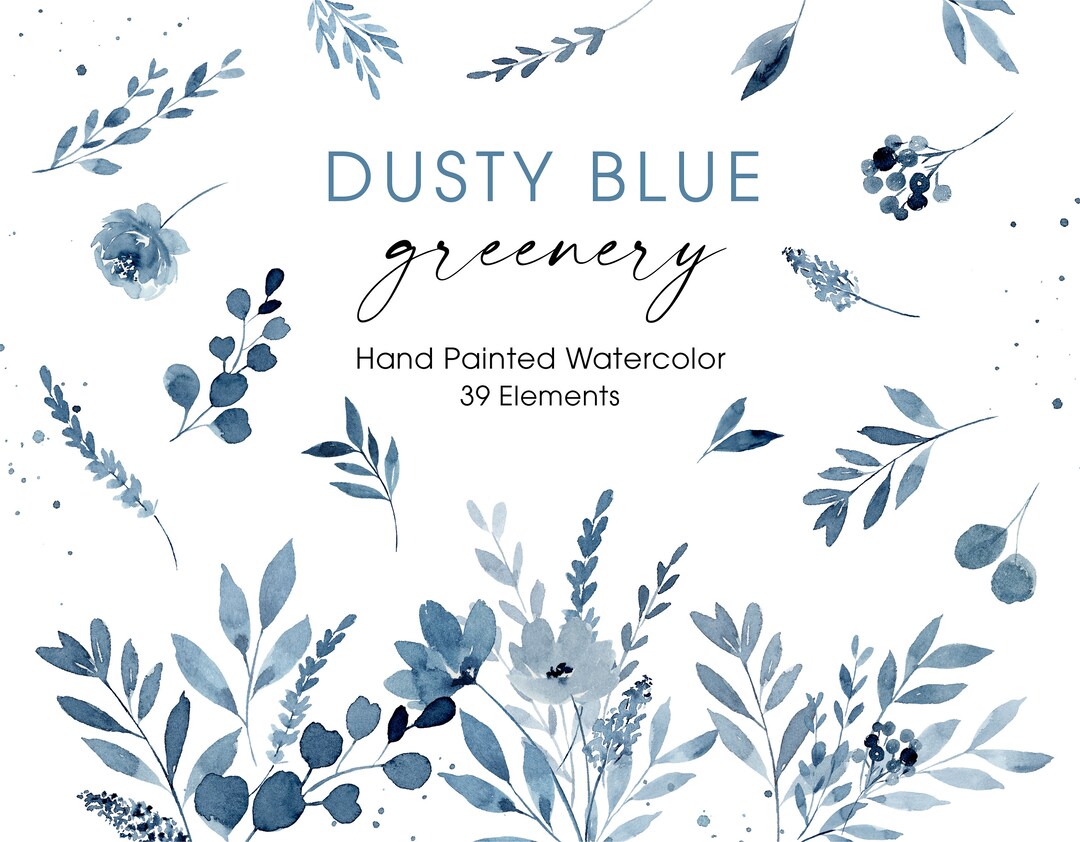 Dusty Blue Greenery Clipart Watercolor Floral Clipart Light Blue Navy ...