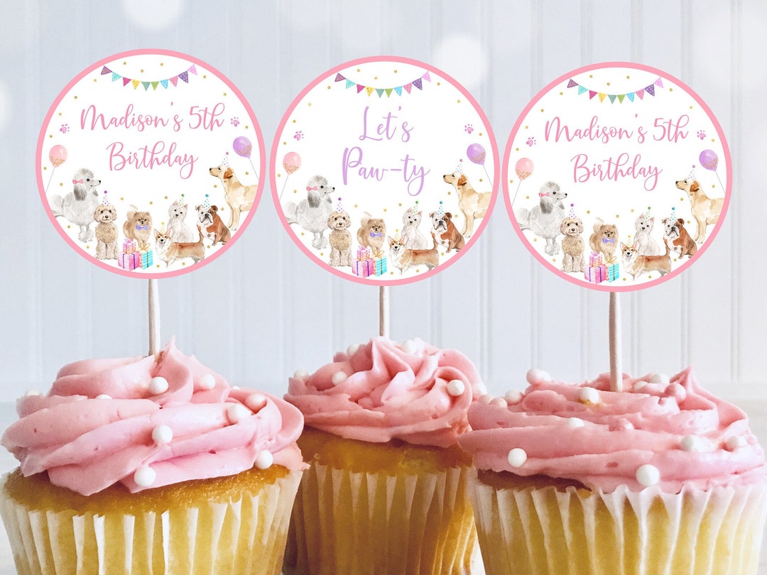 Editable Puppy Birthday Cupcake Toppers Let's Paw-ty Girl Puppy ...