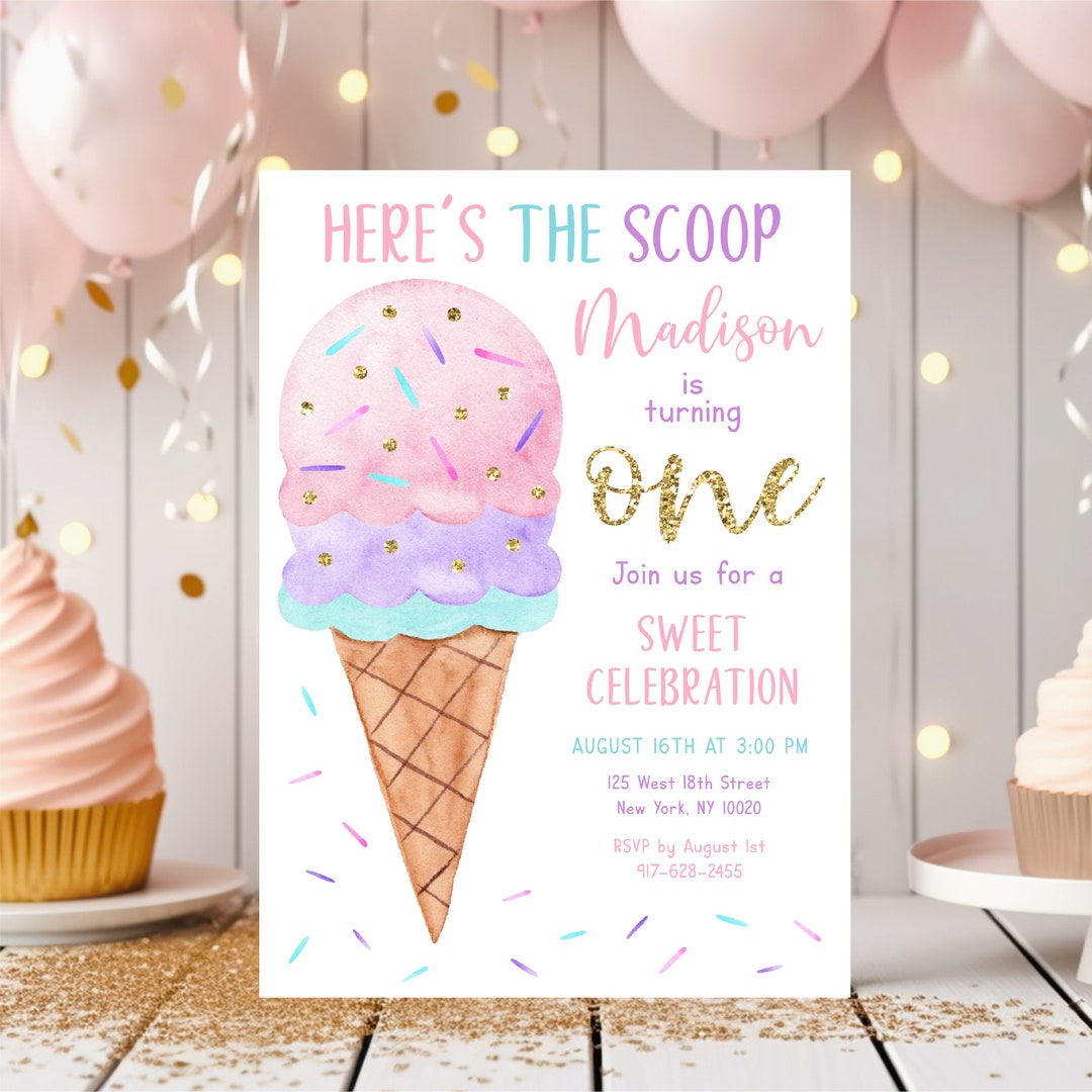 Editable Ice Cream Birthday Invitation Here's the Scoop Pink Gold Ice ...