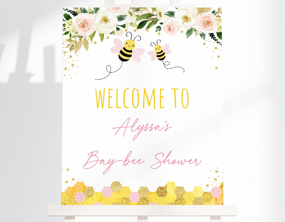 Editable Bee Baby Shower Welcome Sign Bay-bee Shower Pink Gold - Etsy