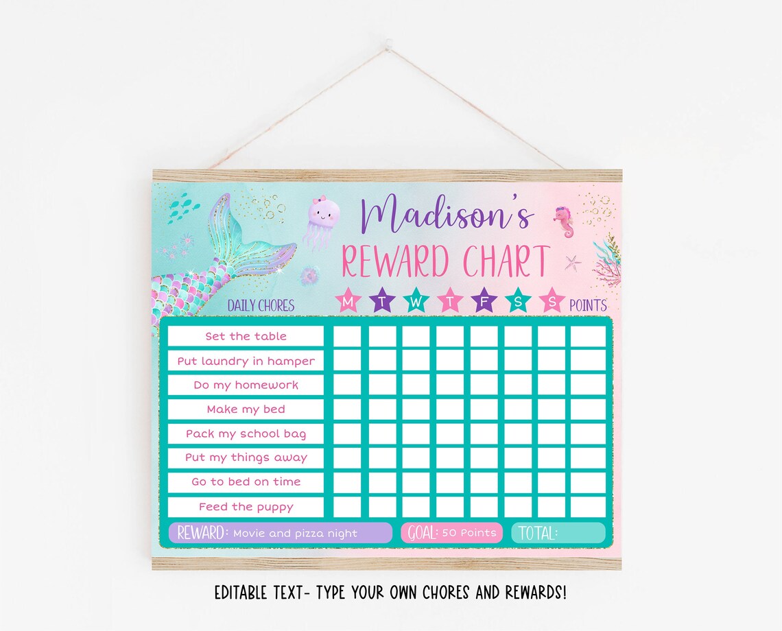 Editable Mermaid Reward Chart Mermaid Behavior Chart Girls - Etsy