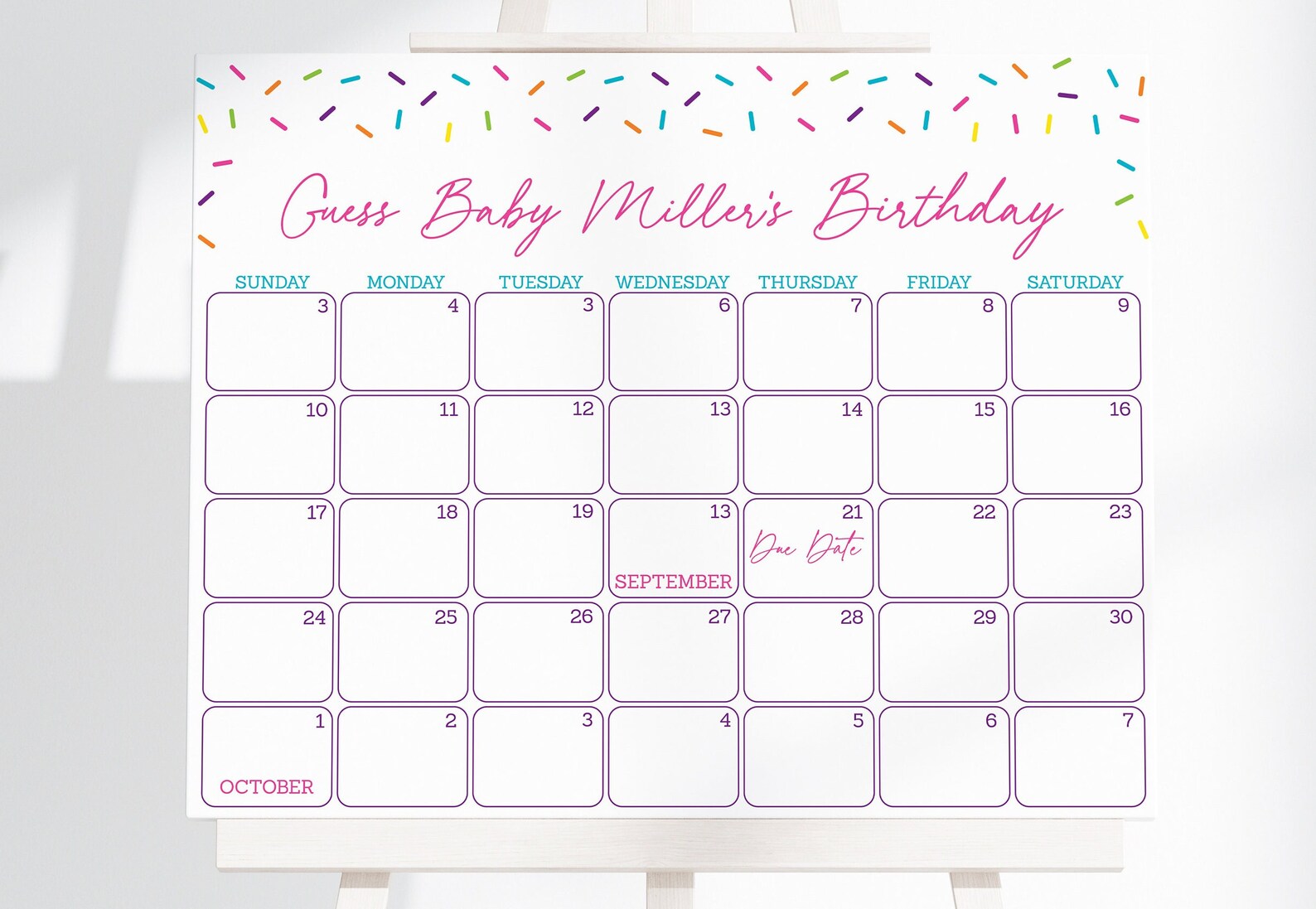 Editable Sprinkle Baby Due Date Calendar Pink Baby Sprinkle - Etsy
