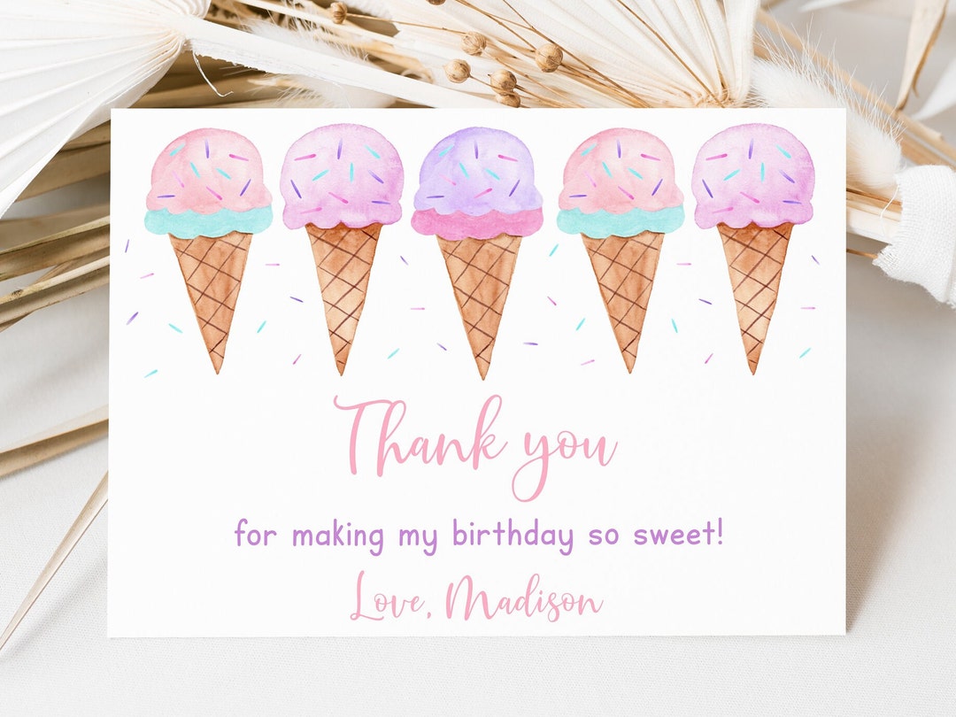 Editable Ice Cream Birthday Thank You Card, Pink Pastel Girl Ice Cream ...