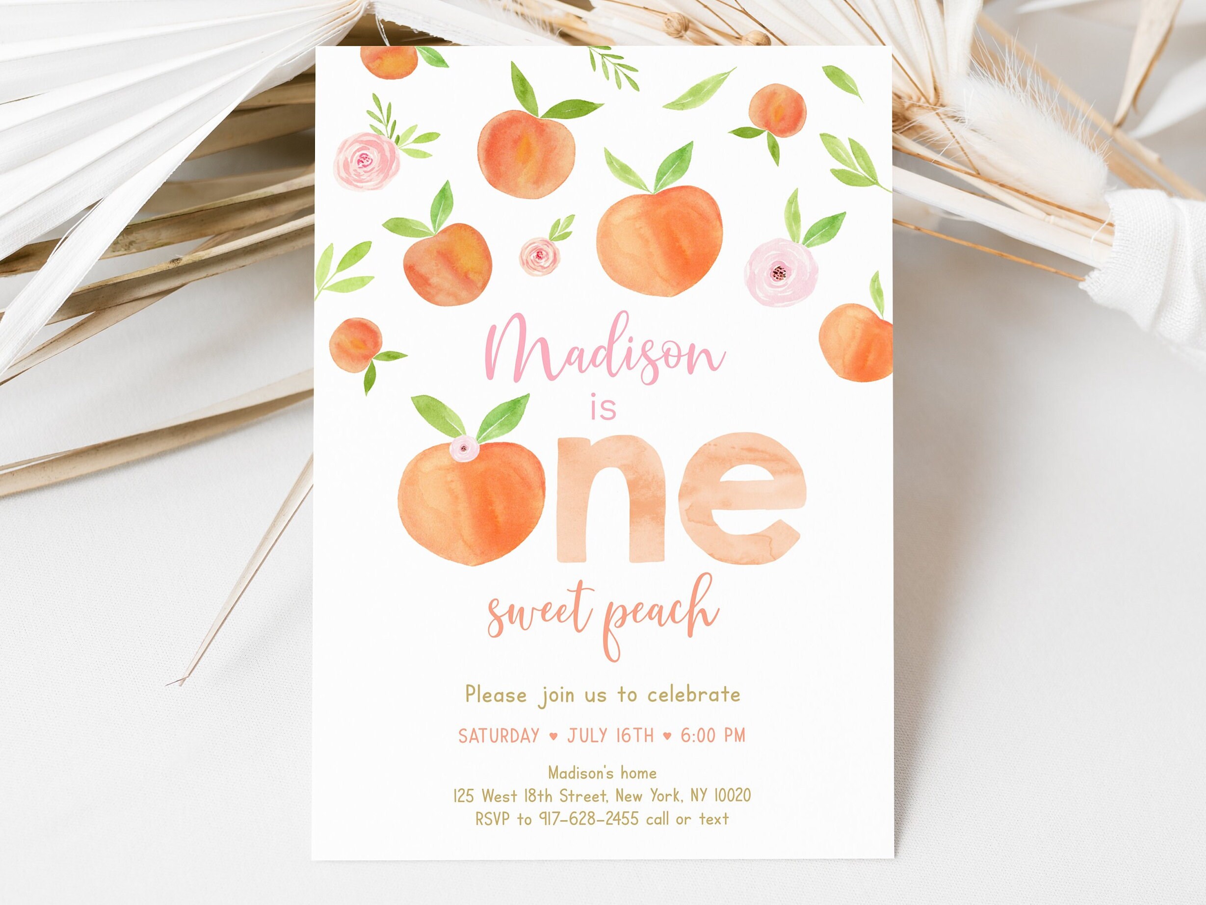 Editable Peach Birthday Invitation One Sweet Peach First Birthday ...