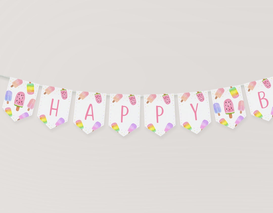 Editable Popsicle Birthday Banner Girl Popsicle Party Watercolor ...