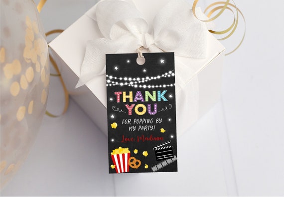 Editable Movie Night Birthday Thank You Tags Favor Tags Movie Under the ...