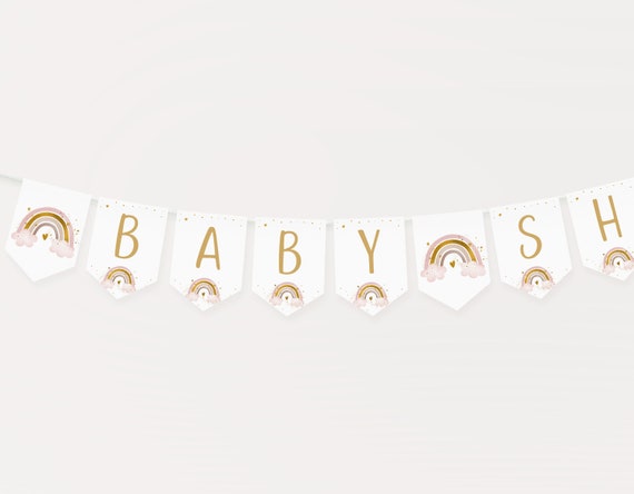 Editable Rainbow Baby Shower Banner Gold Rainbow Boho Rainbow Clouds ...
